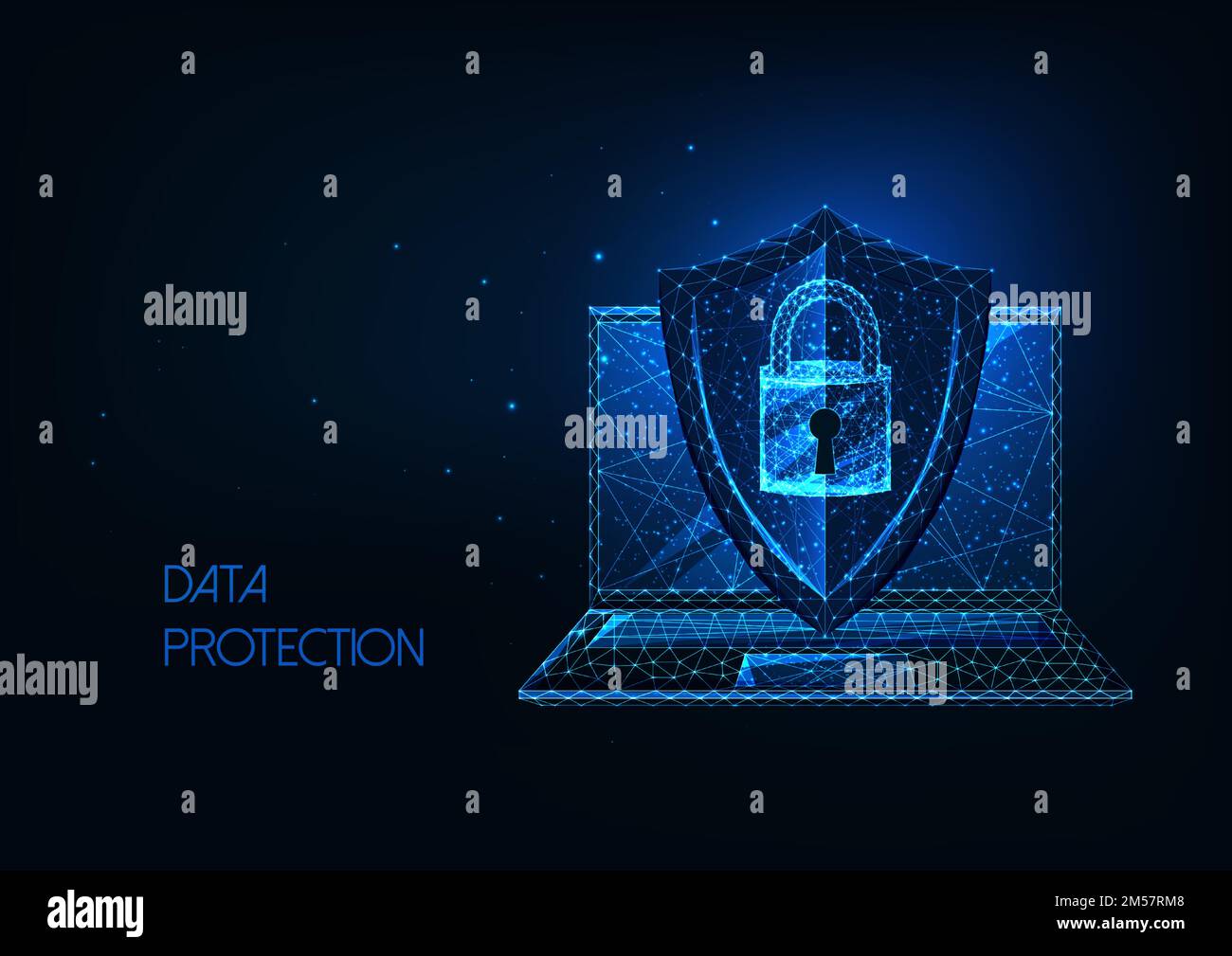 Futuristic data protection concept with glowing low polygonal laptop ...
