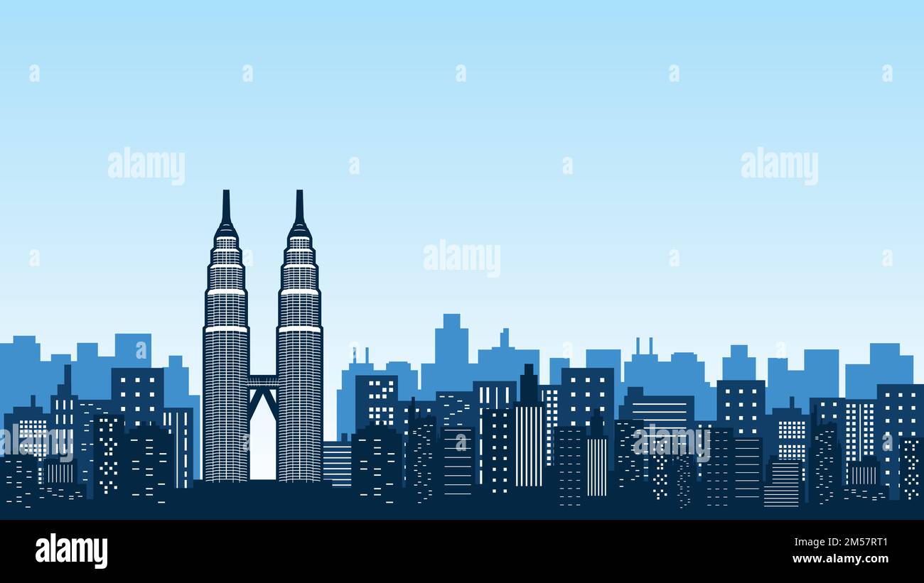 City silhouette panorama with many tall buildings and twin towers ...