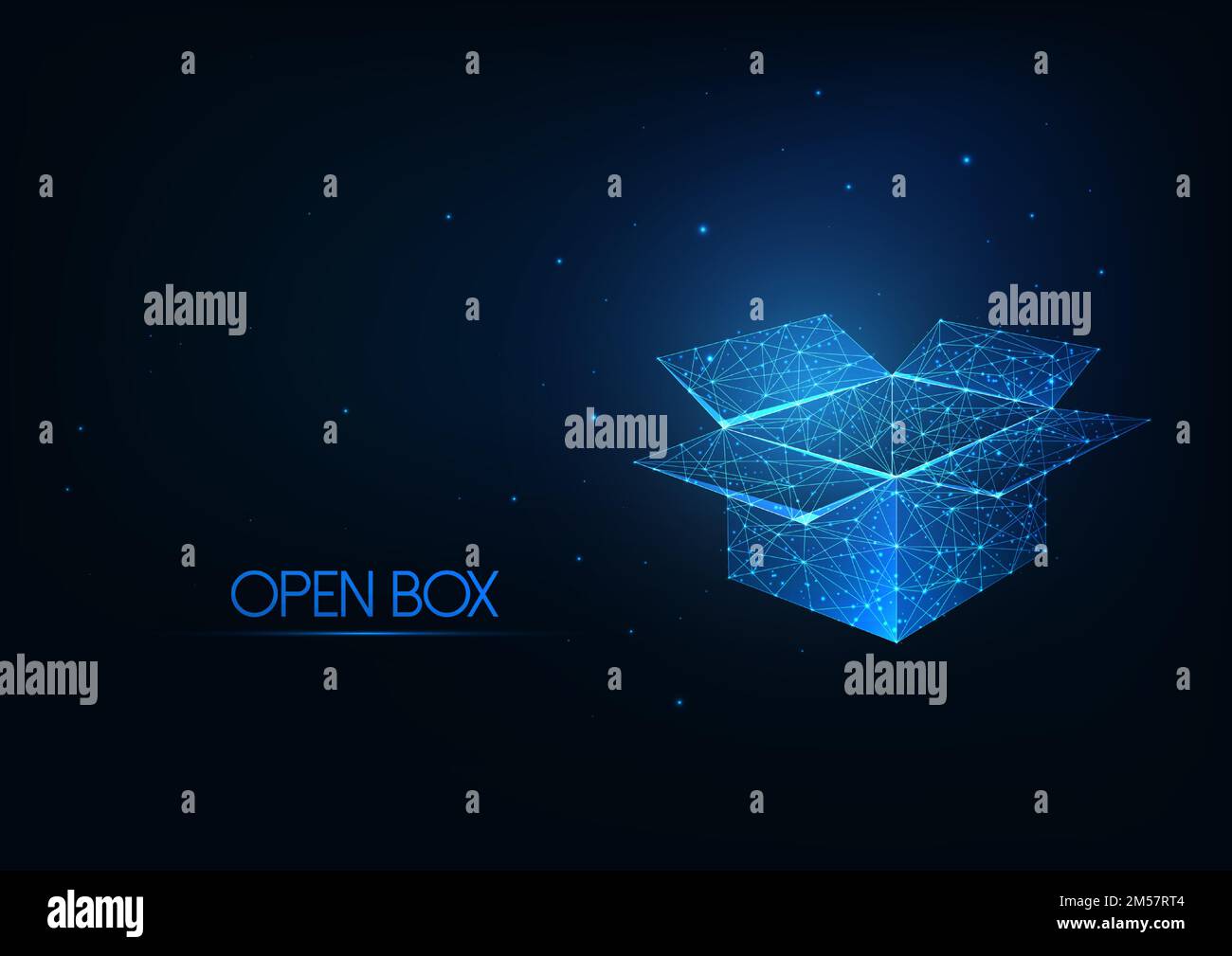 Futuristic glowing low polygonal open box isolated on dark blue background. Modern wireframe ...