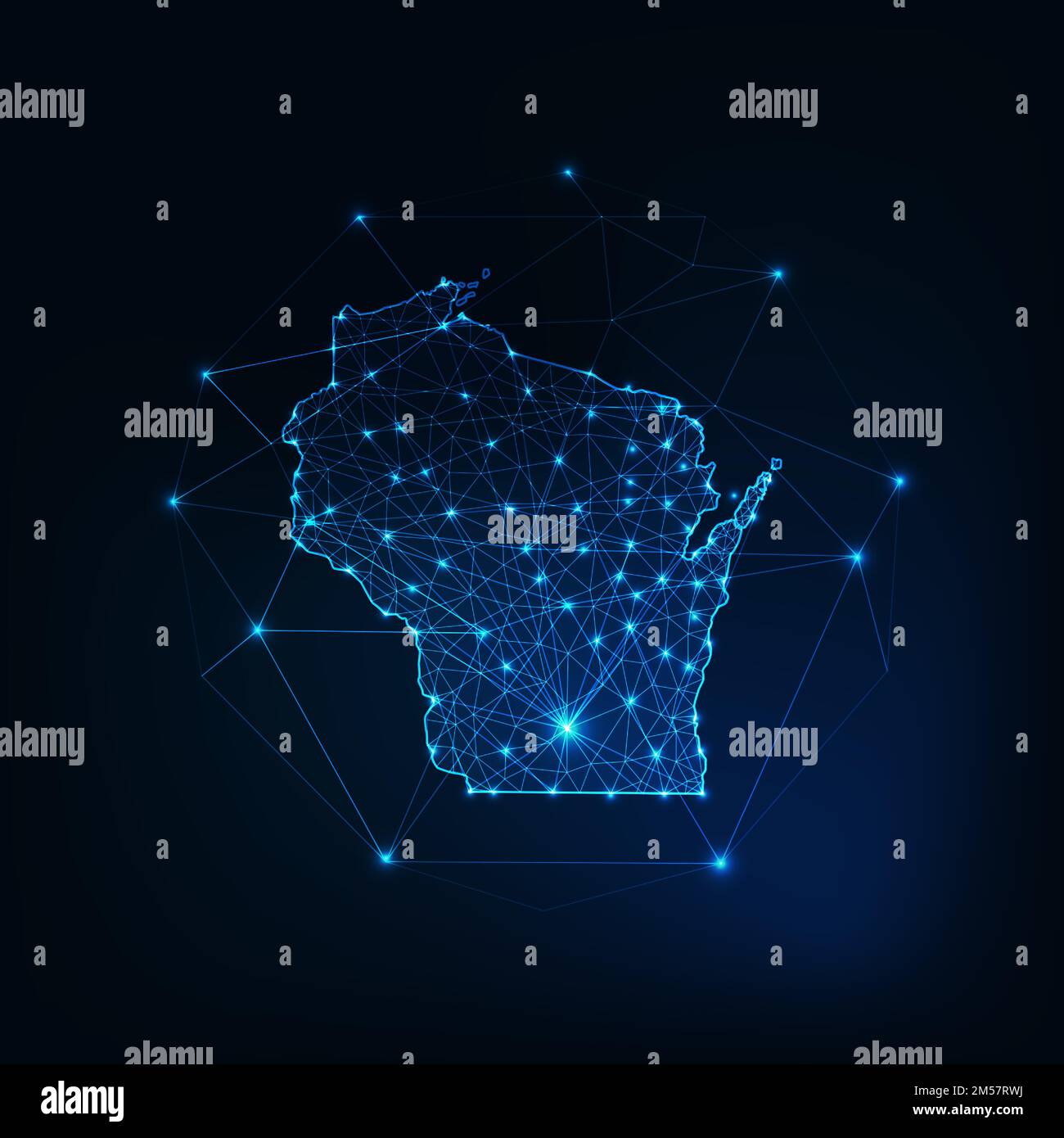 Wisconsin state USA map glowing silhouette outline made of stars lines ...