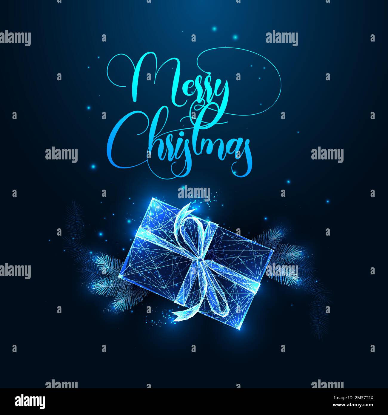 Merry Christmas digital greeting card template with gift box, and fir ...