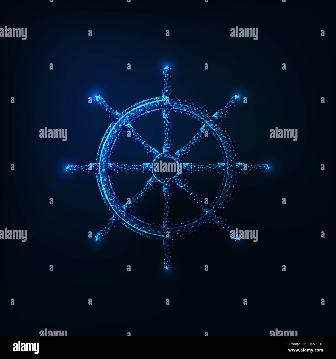 Futuristic glowing low polygonal ship wheel made of lines, stars ...