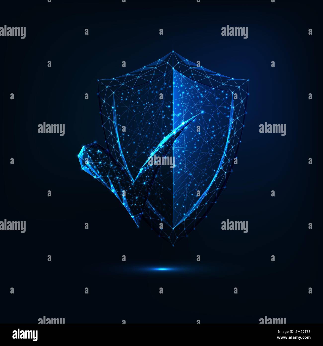 Futuristic glowing low polygonal security shield with approval check mark isolated on dark blue ...