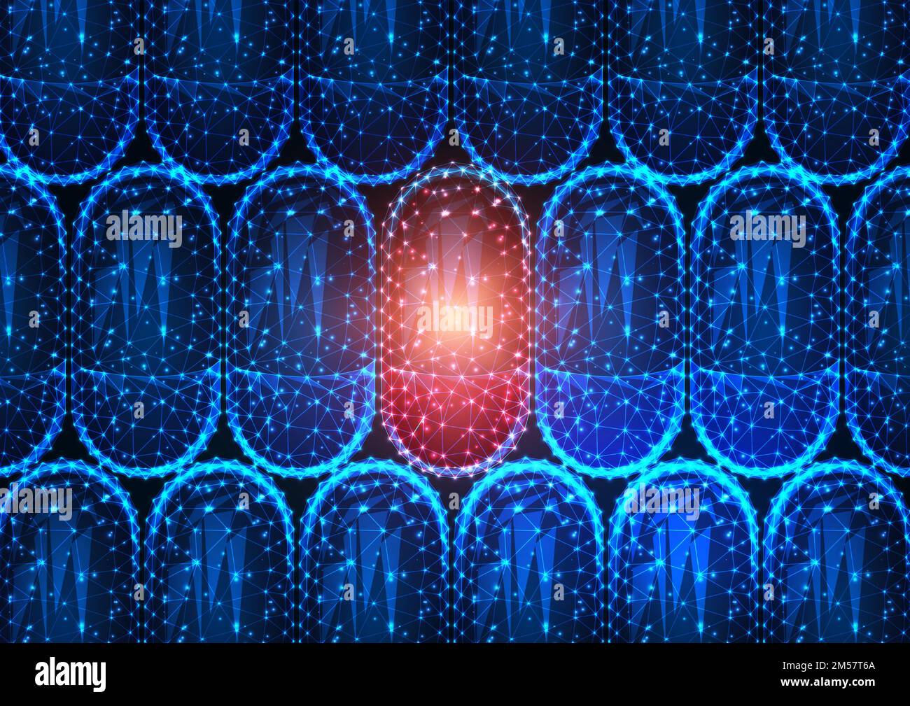 Futuristic glowing low polygonal red medicine capsule pill between mass ...