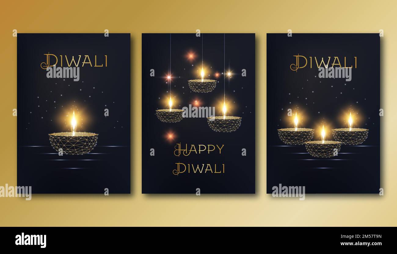 Happy diwali posters template set with golden glowing low polygonal oil ...