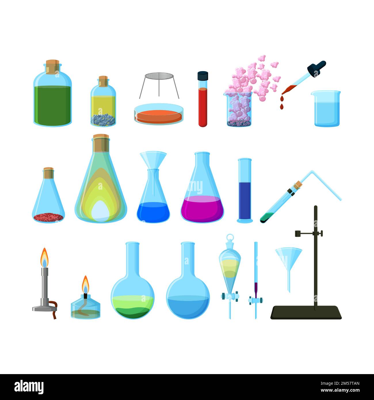 Set of bright colorful chemical laboratory glassware isolated on white ...