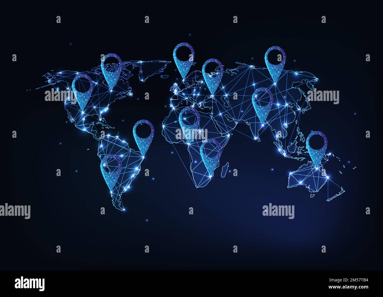 Futuristic glowing low polygonal earth map with GPS location signs on ...