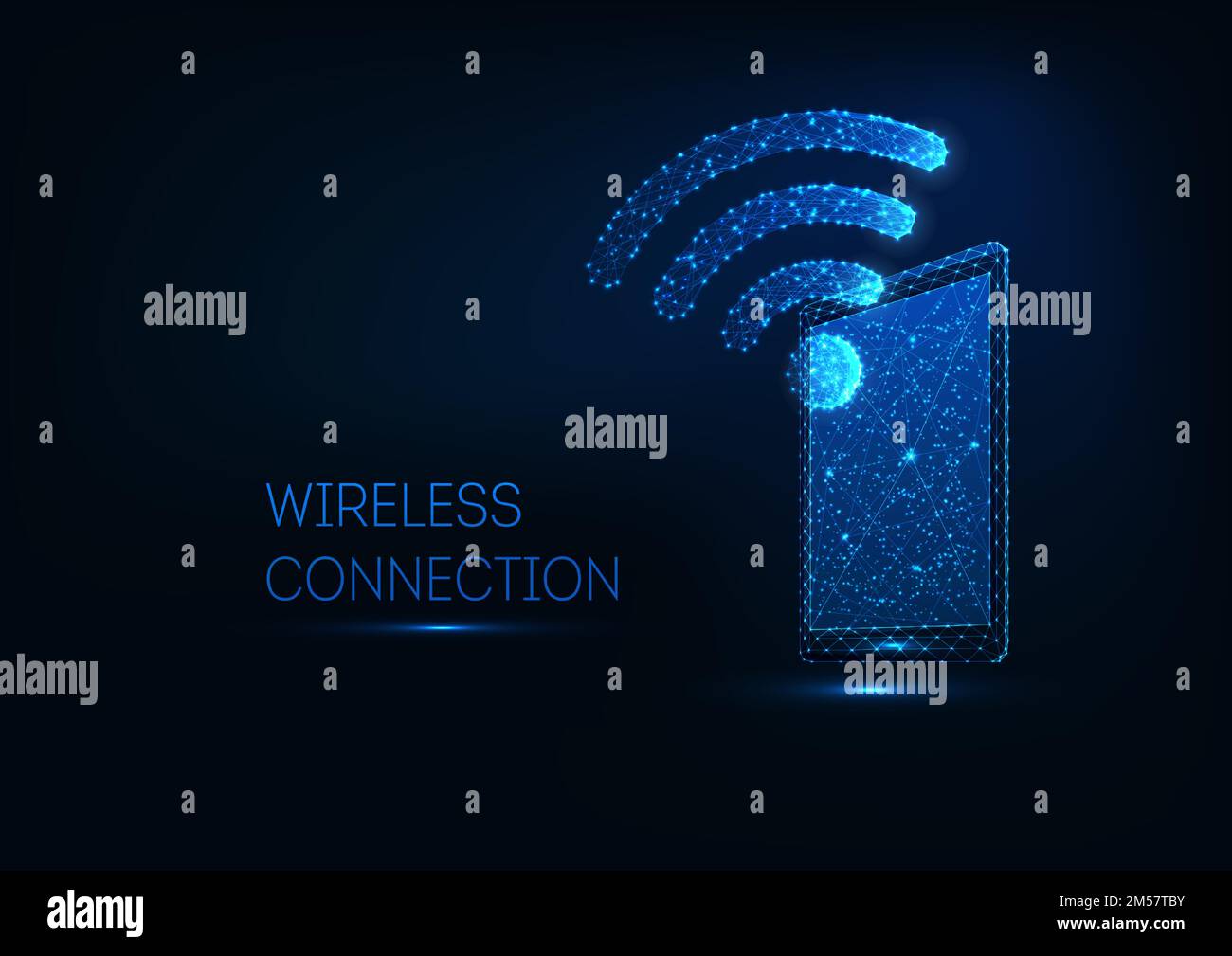 Futuristic Glowing Low Polygonal Tablet With Wifi Symbol On Dark Blue Background Wireless