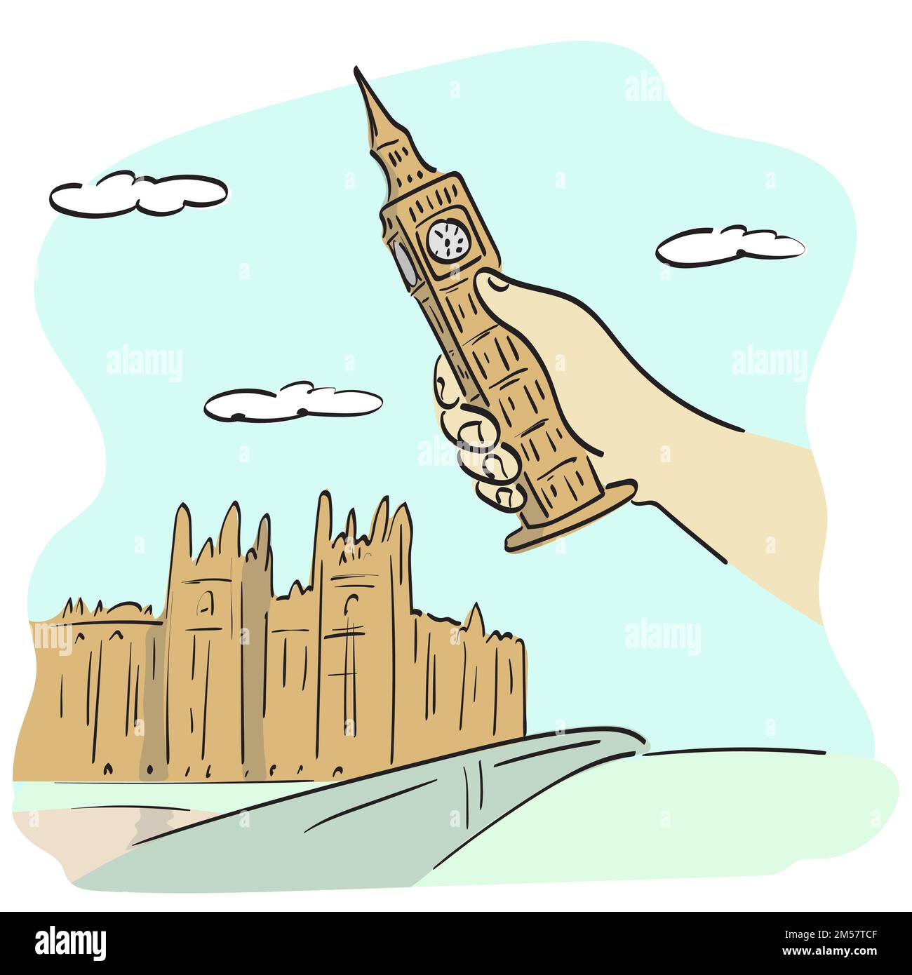 hand holding big ben illustration vector hand drawn isolated on white ...