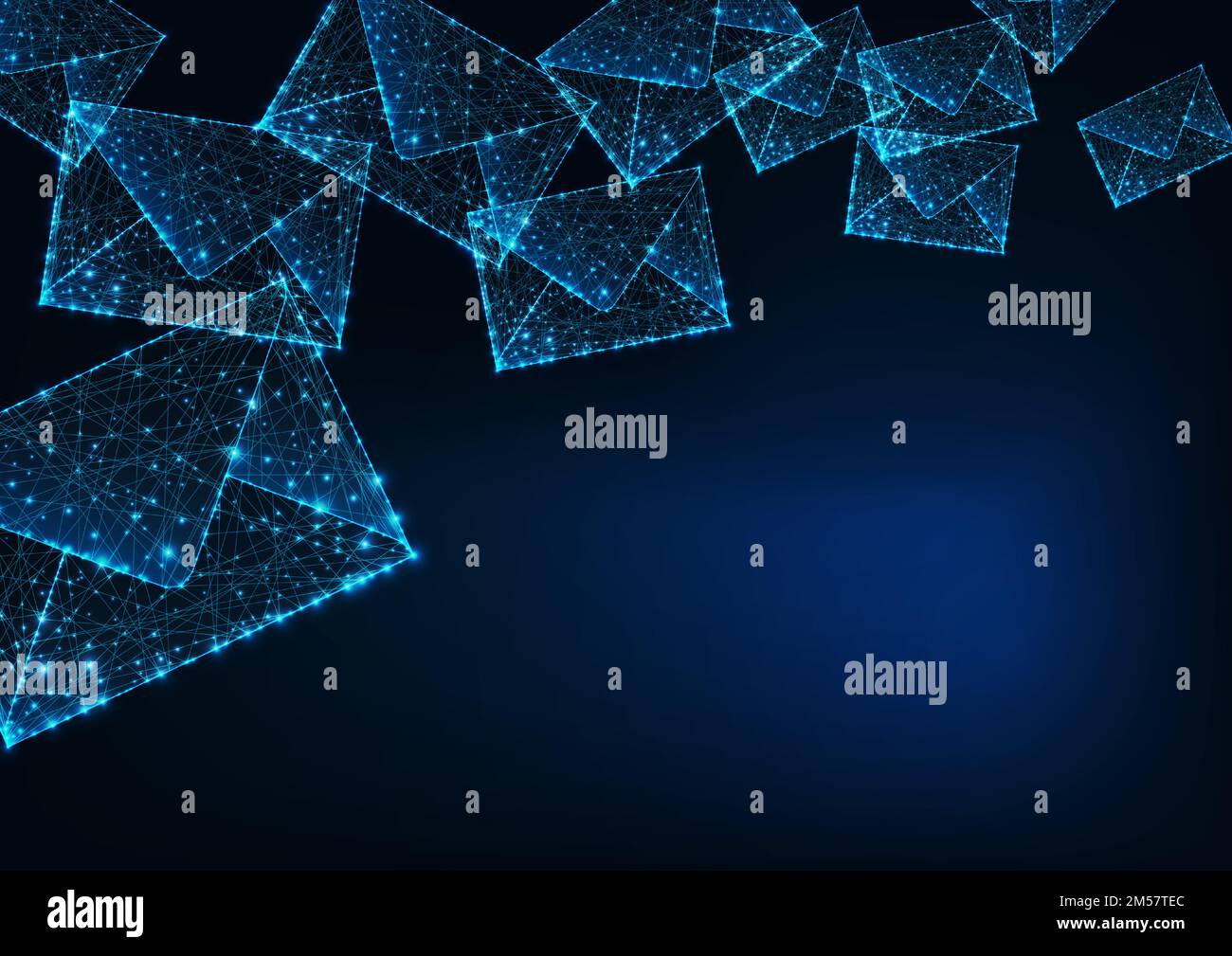 Futuristic glowing low polygonal mail envelopes made of lines, dots ...