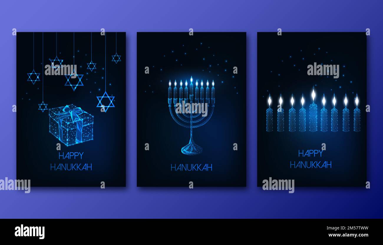 Futuristic glowing low polygonal Hanukkah celebration posters set with ...
