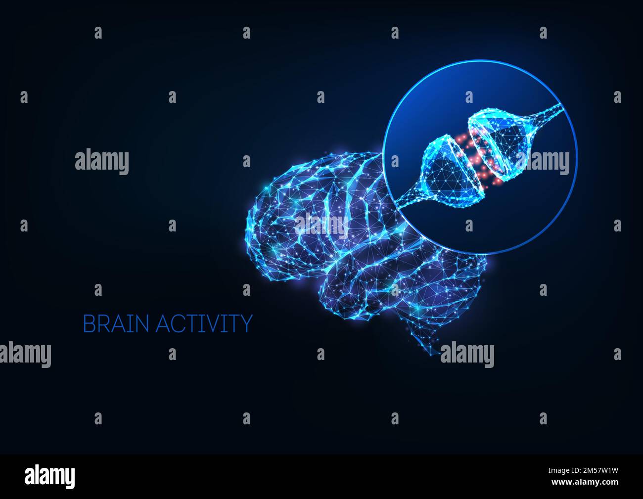 Futuristic brain activity concept with glowing low polygonal human brain and neuron synapses ...