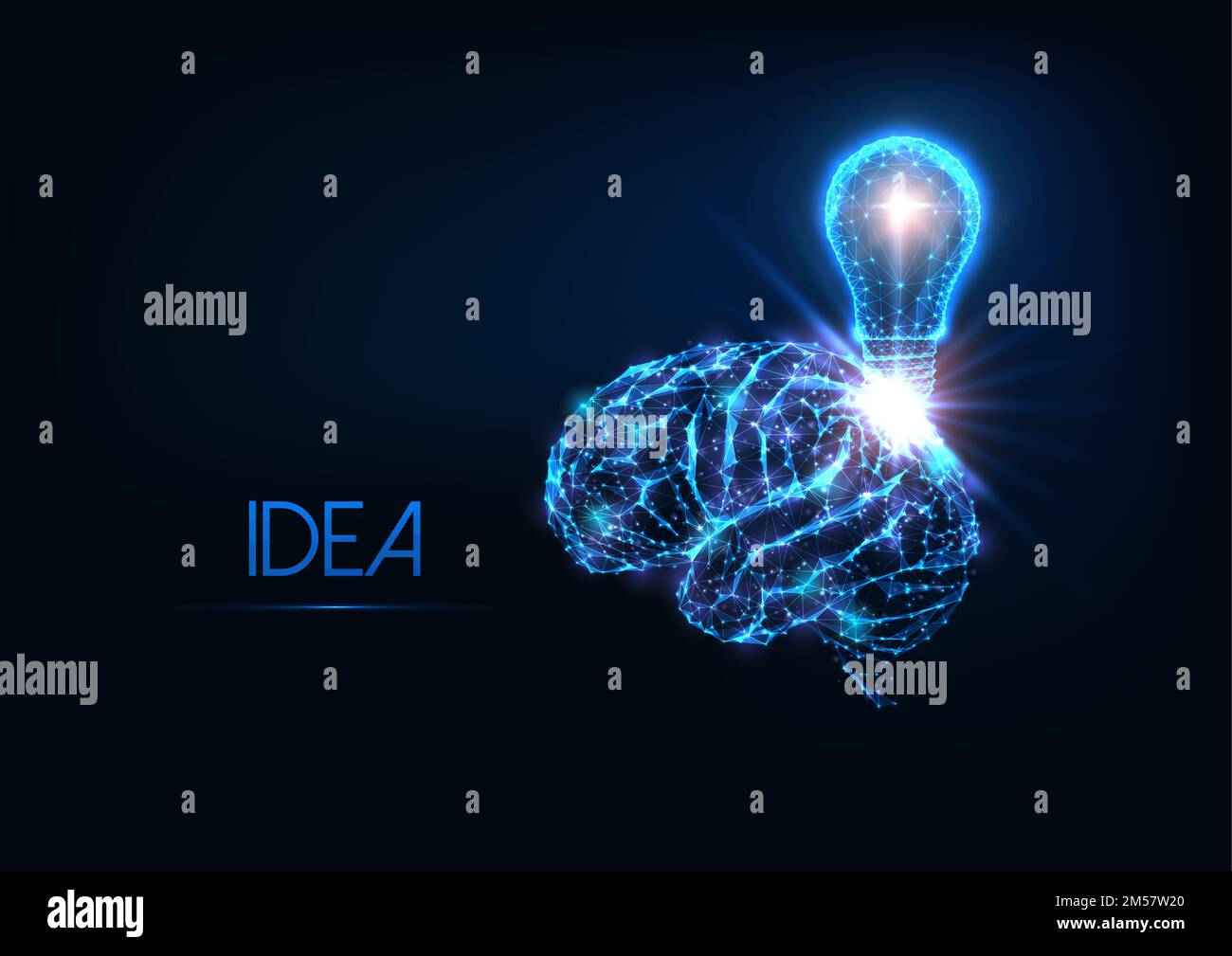 Futuristic glowing low polygonal idea, brainstorming concept with human brain and illuminated ...