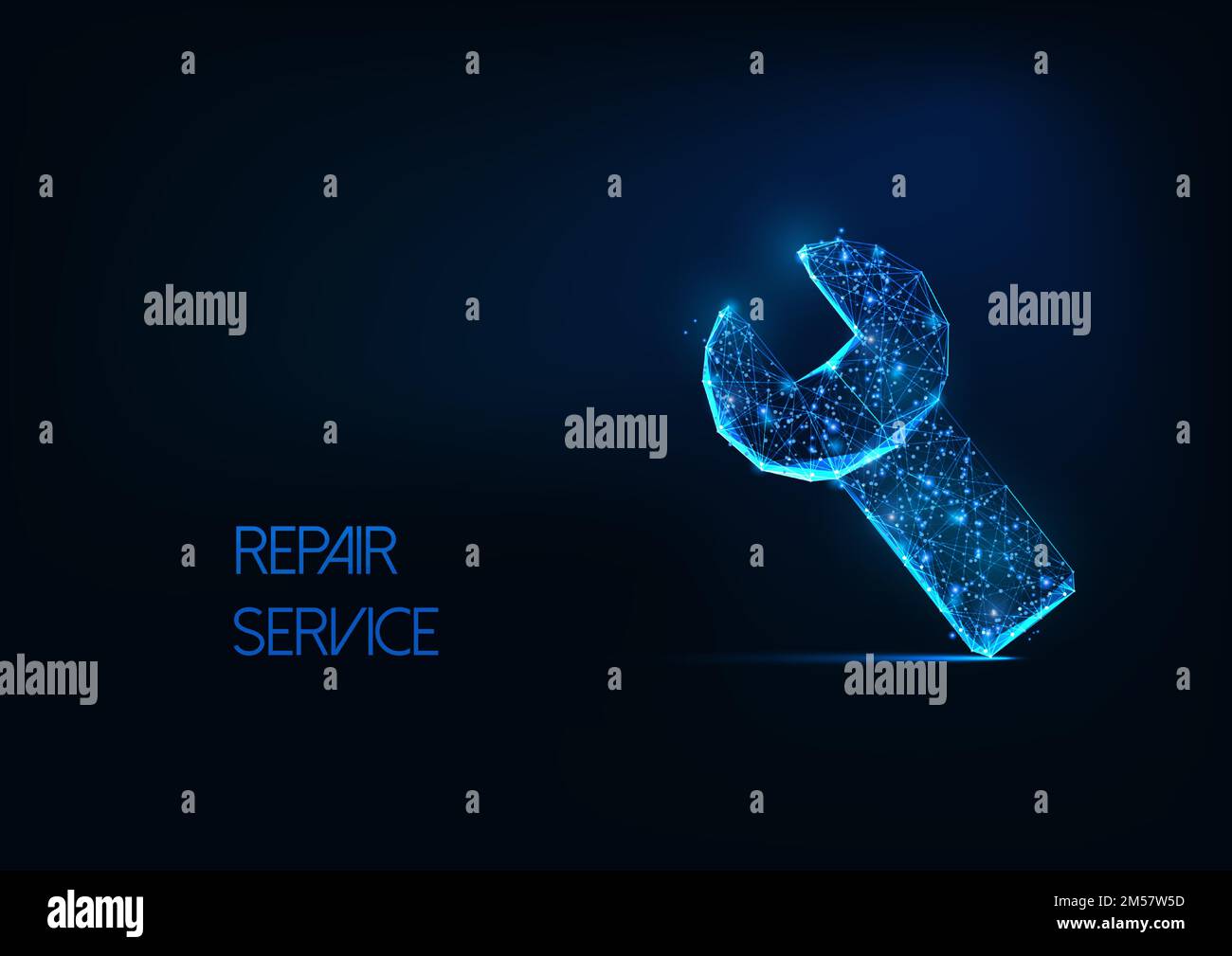 Futuristic repair service concept with glowing low polygonal wrench ...