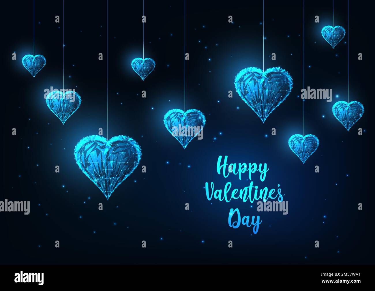 Futuristic Happy Valentines Day greeting card template with glowing low ...