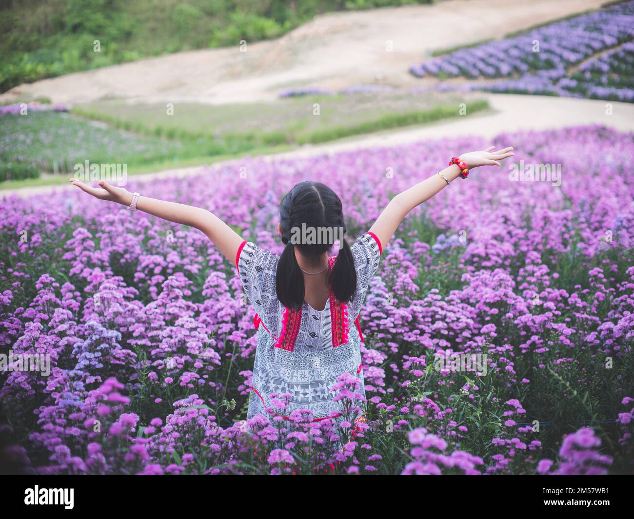 Freedom asian little girl in native dress stands in a field of ...