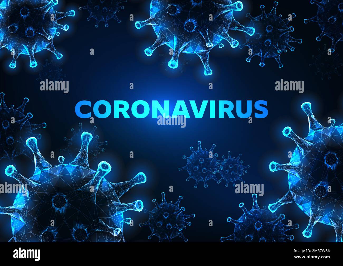 Futuristic coronavirus cells abstract background with glowing low ...