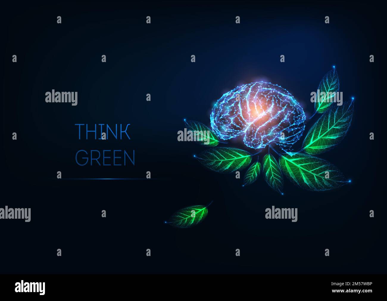 Futuristic glowing low polygonal human brain and green leaves on dark ...