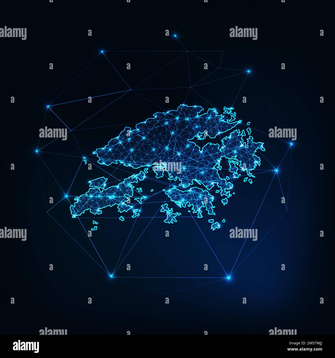 Hong Kong map glowing silhouette outline made of stars lines dots triangles, low polygonal ...
