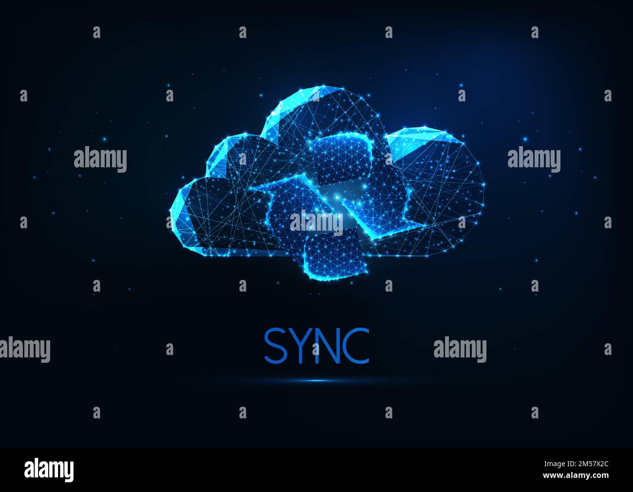 Futuristic cloud synchronization concept with glowing low polygonal cloud with refresh symbol ...