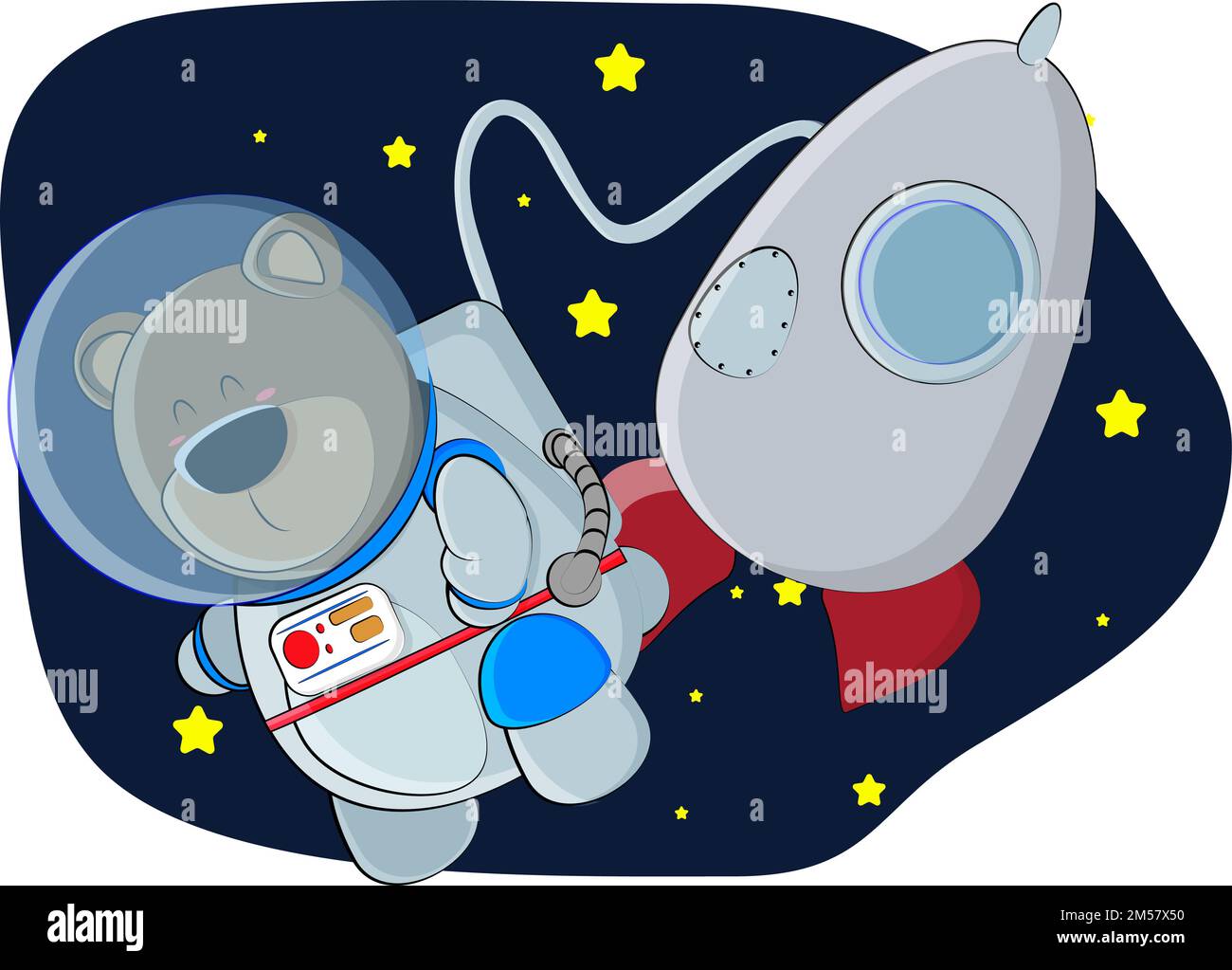 A cute bear cub flies in outer space and there is a spaceship in the ...