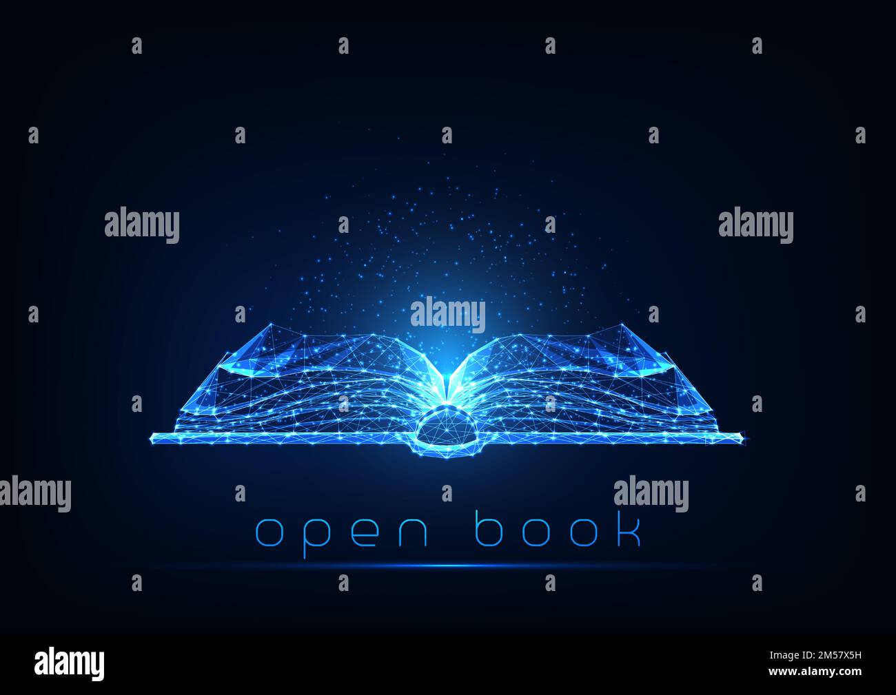 Futuristic glowing low polygonal open book isolated on dark blue ...