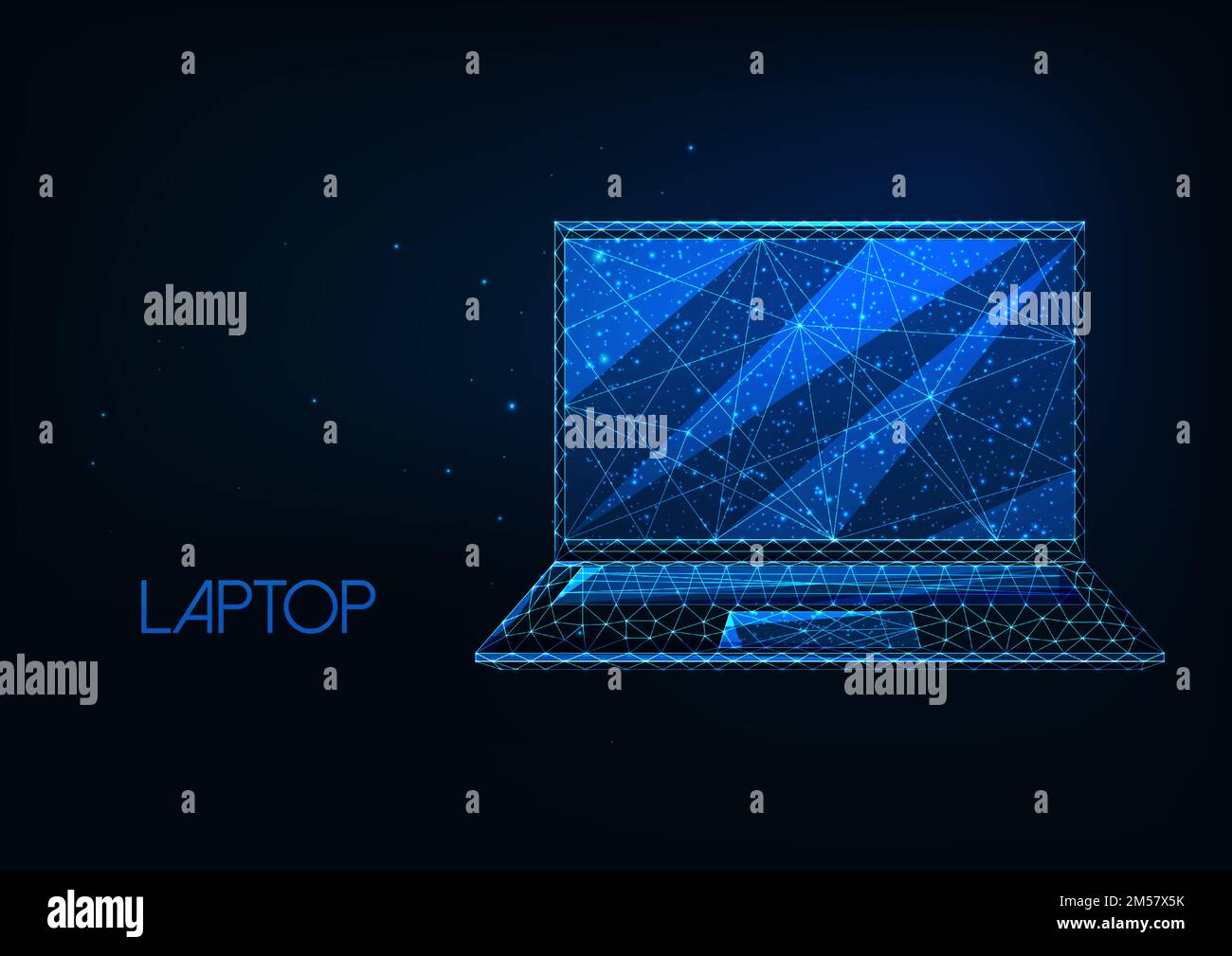 Futuristic glowing low polygonal laptop isolated on dark blue background. Modern wire frame mesh ...