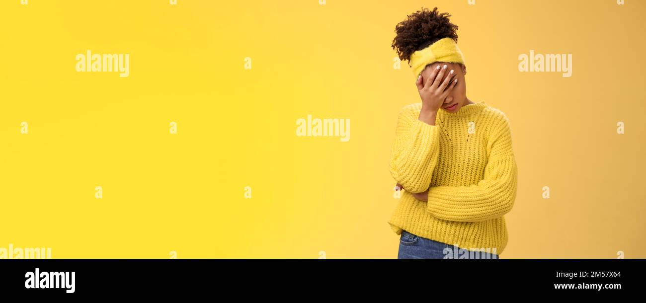 Upset tired african-american female entrepreneur facepalm bow head ...