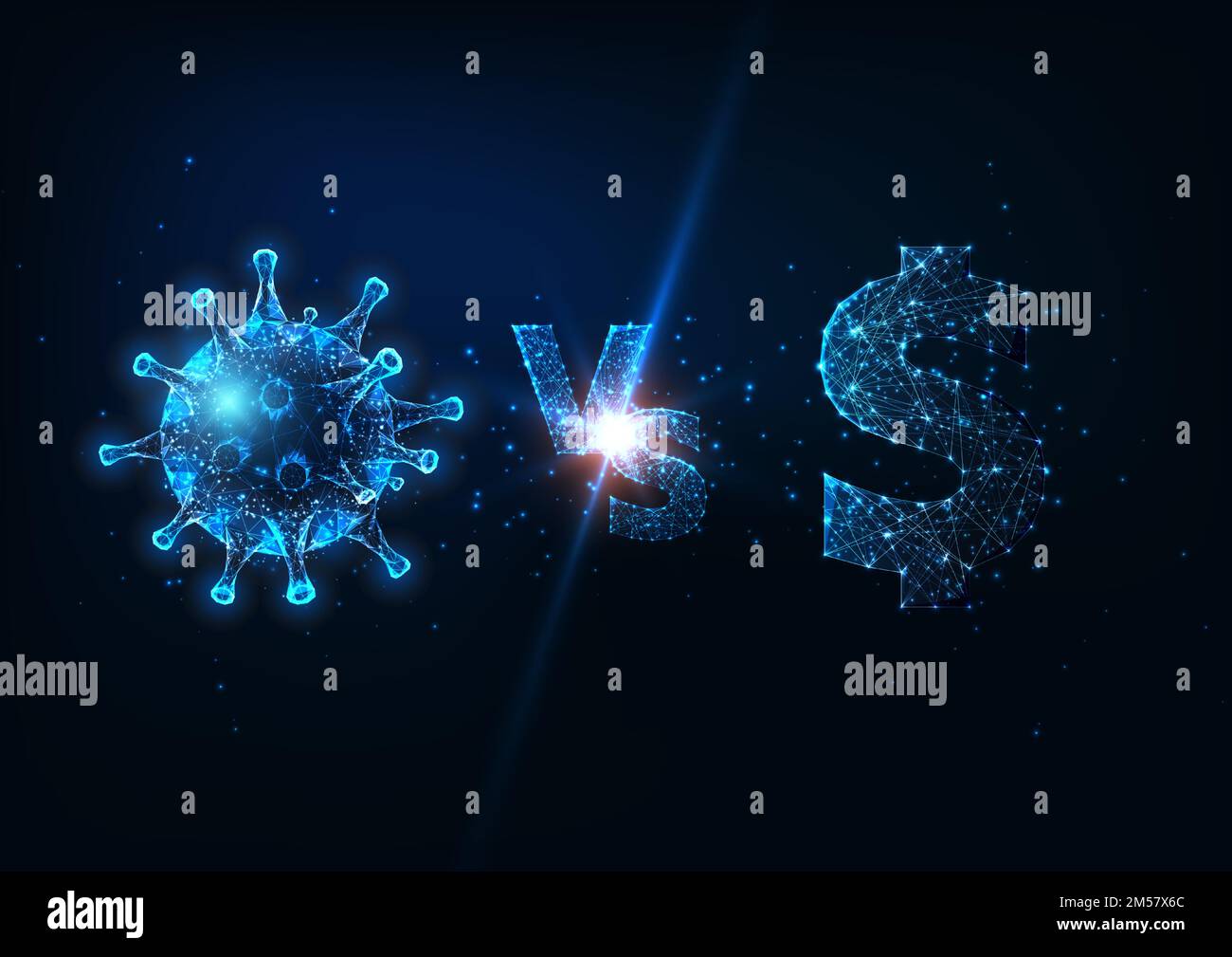 Futuristic coronavirus Vs financial market fight concept with glowing ...
