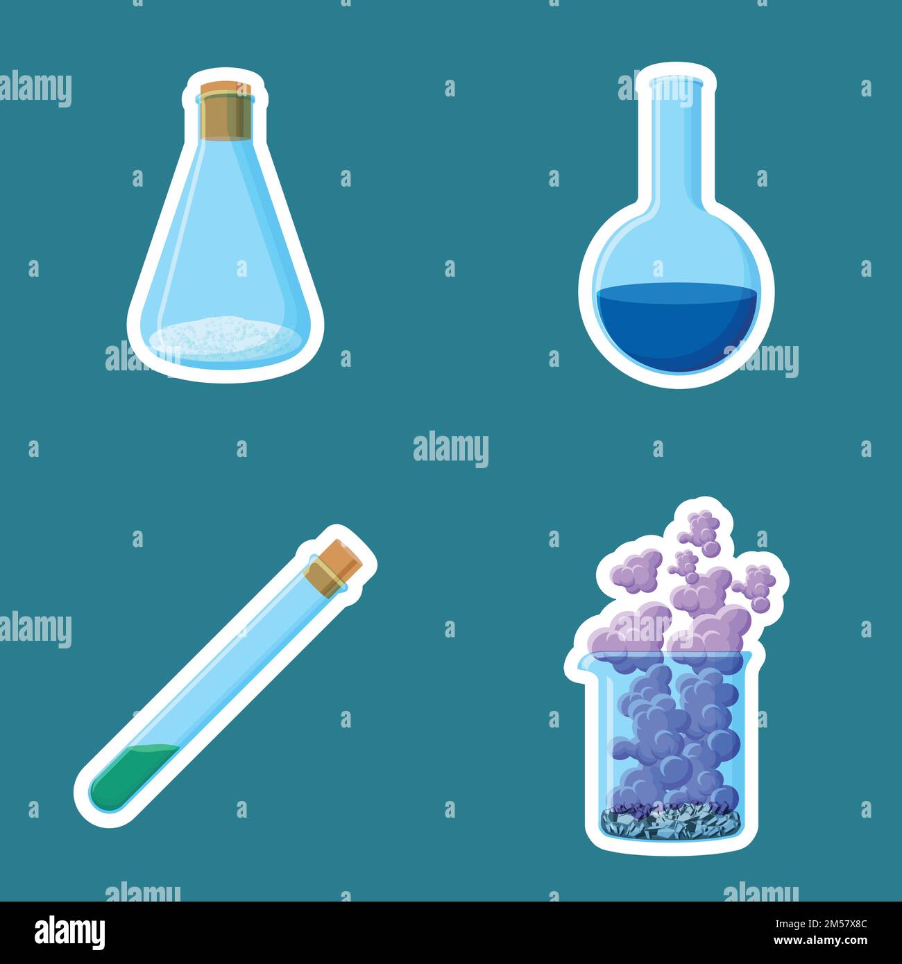 Chemical equipment stickers isolated on blue background. Closed cone ...