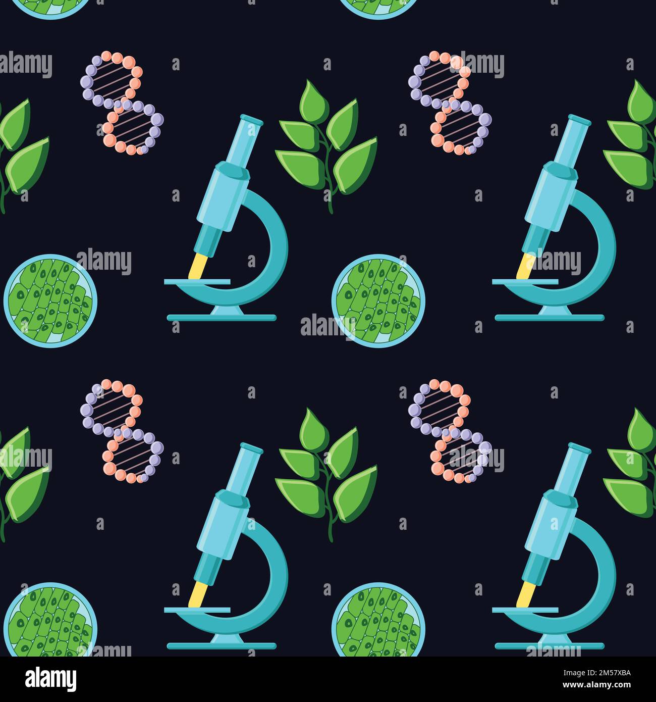 Biology themed seamless pattern with microscopes, dna molecules, plants ...