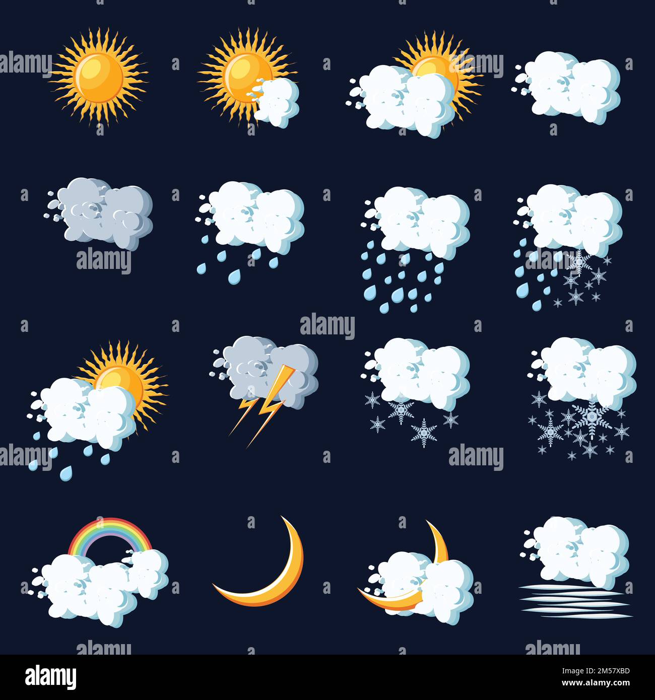 Weather icons in cartoon style on dark blue background. Flat vector ...