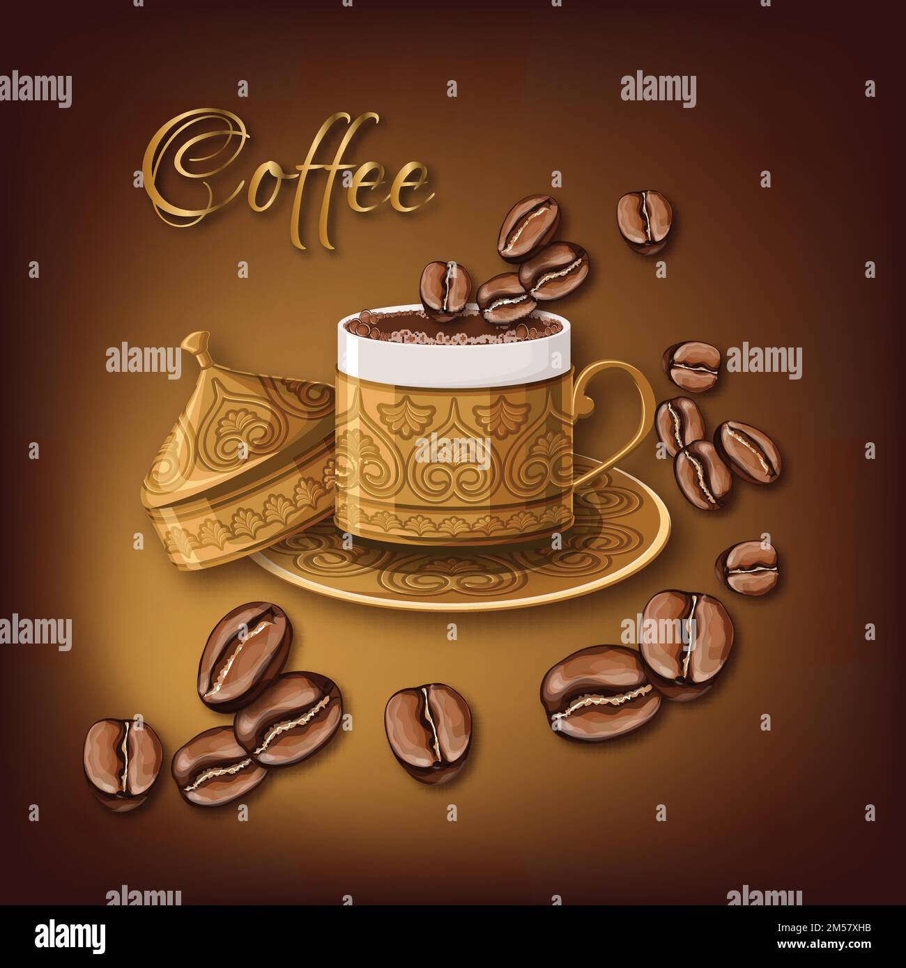 Beautiful ornamental brass coffee cup with coffe beans and text on gold ...