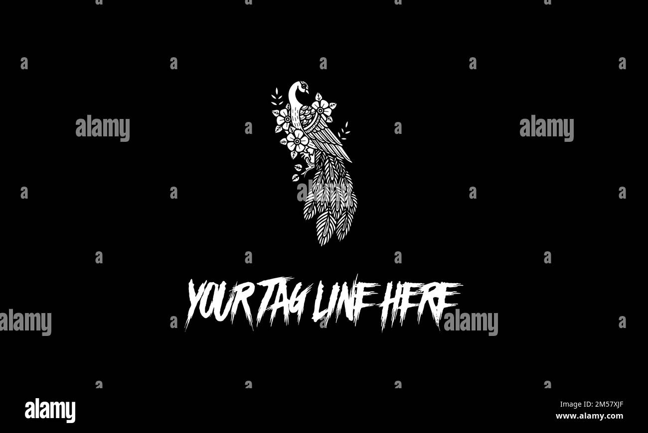 A vector Peacock Design Art for logo on black background with tagline ...
