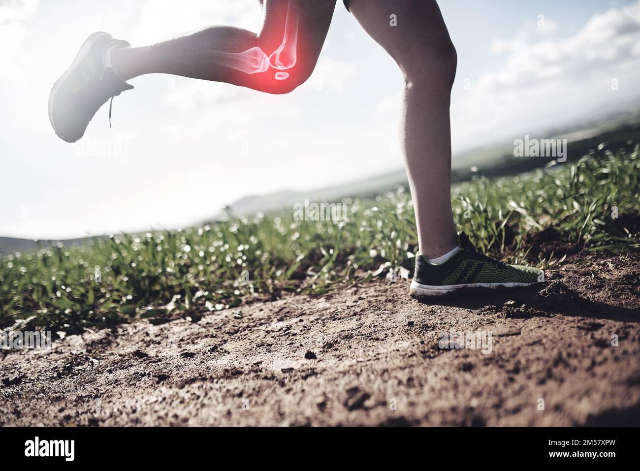 Feeling the pressure in his knee. an unrecognizable man running with an ...
