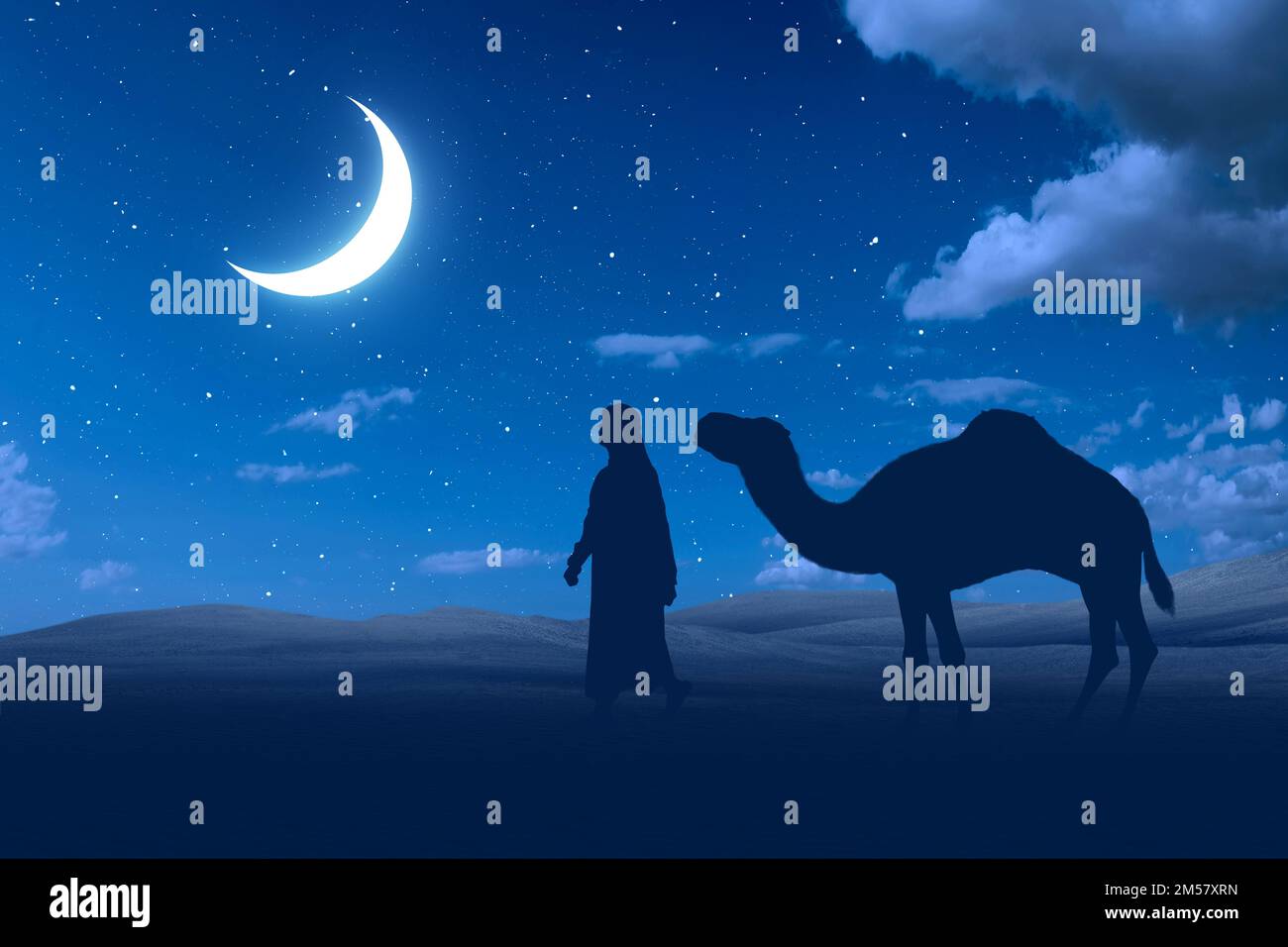 Silhouette of a man and camel crossing the desert with a night scene ...