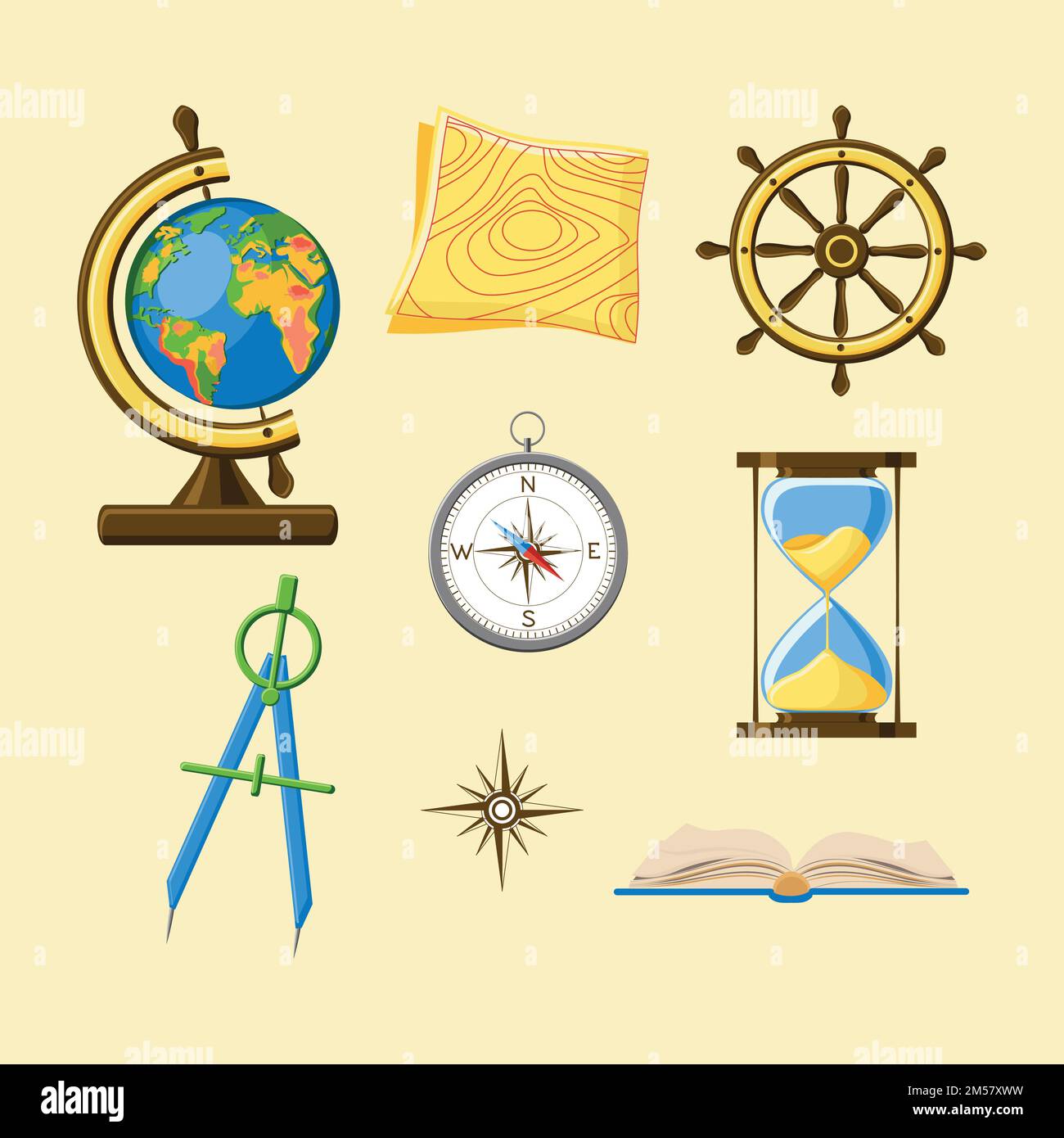 Geography school set with Earth globe, topography map, ship wheel ...