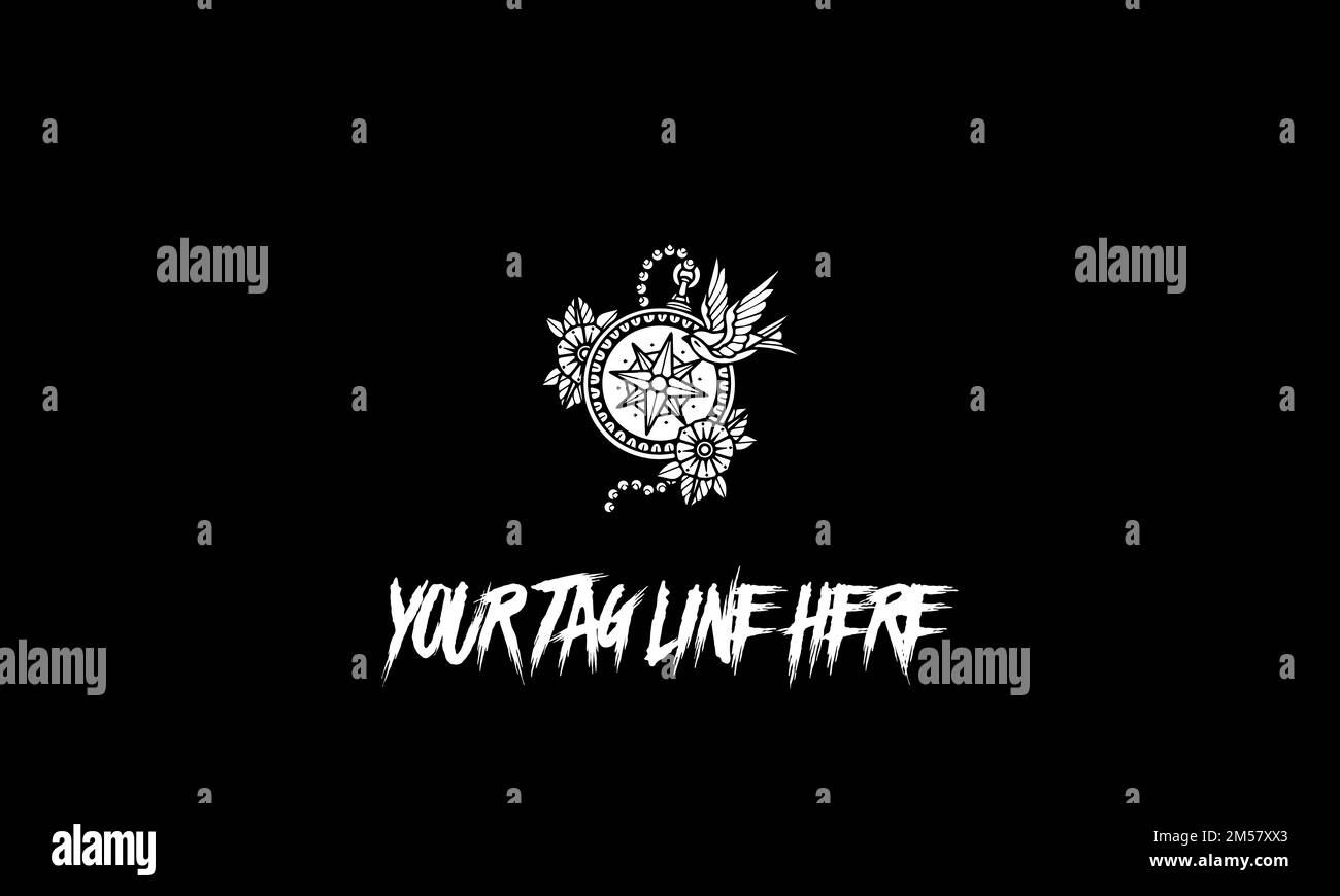 A Black and white drawing of compass, crossed arrows, roses with ...