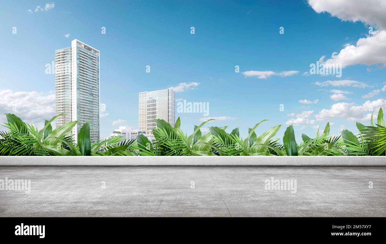 Terrace view with modern cityscapes and blue sky background Stock Photo ...