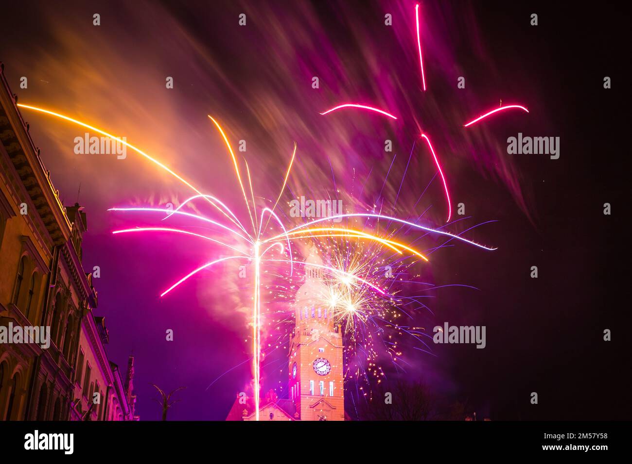 The beautiful and festive fireworks for New Year over the Prostejov ...