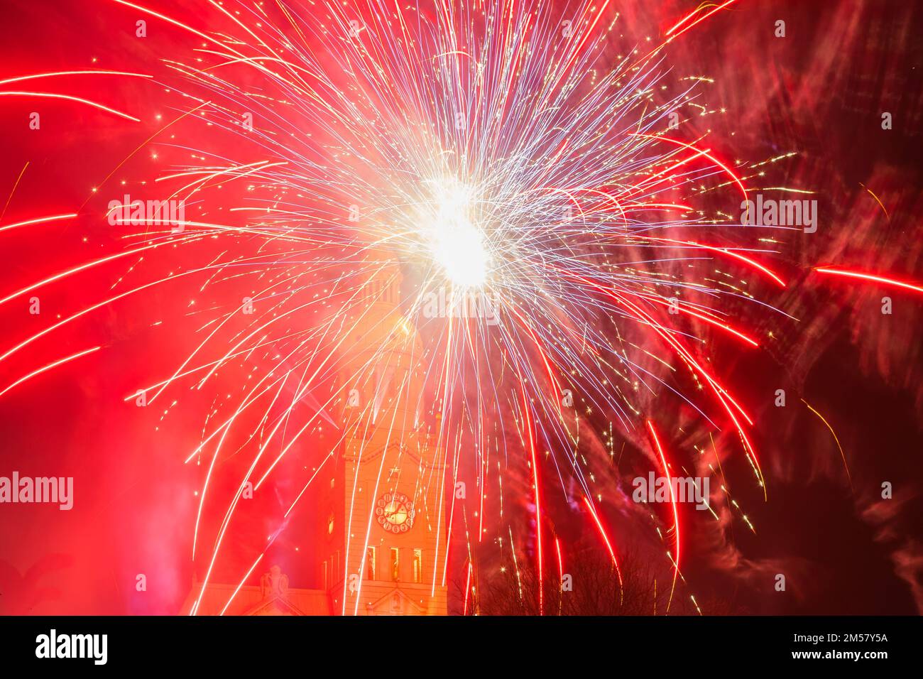 The beautiful and festive fireworks for New Year over the Prostejov ...