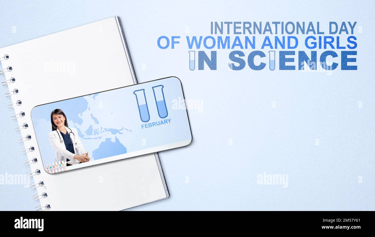 Mobile phones with screens of Asian scientists are holding a clipboard ...