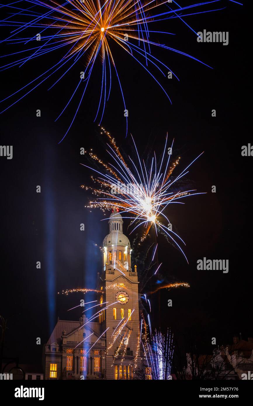 The beautiful and festive fireworks for New Year over the Prostejov ...