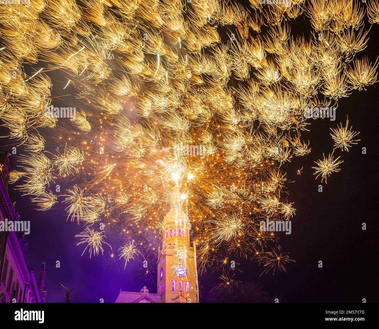 The beautiful and festive fireworks for New Year over the Prostejov ...