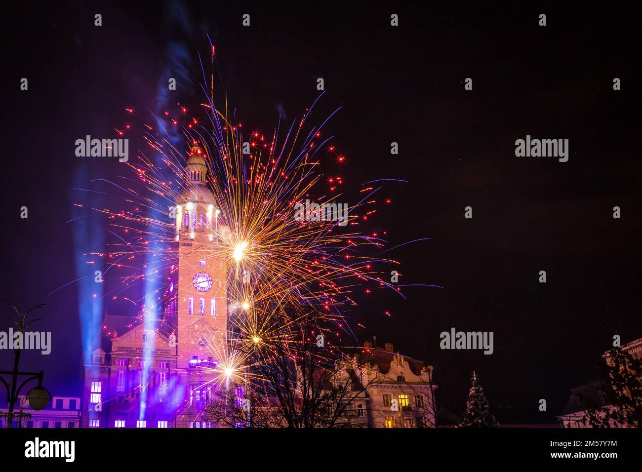 The beautiful and festive fireworks for New Year over the Prostejov ...