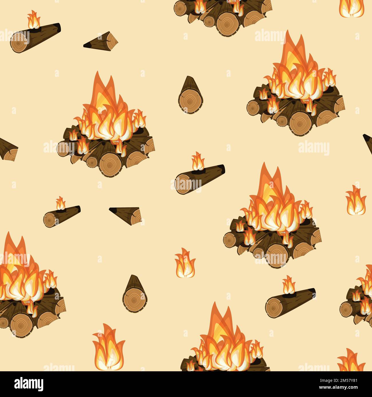 Campfire, burning wood and flame seamless pattern. Camping abstract ...