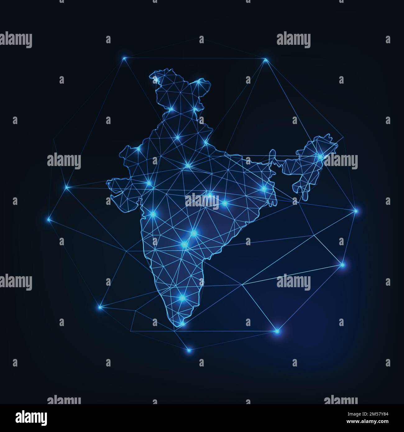 India map glowing silhouette outline made of stars lines dots triangles ...