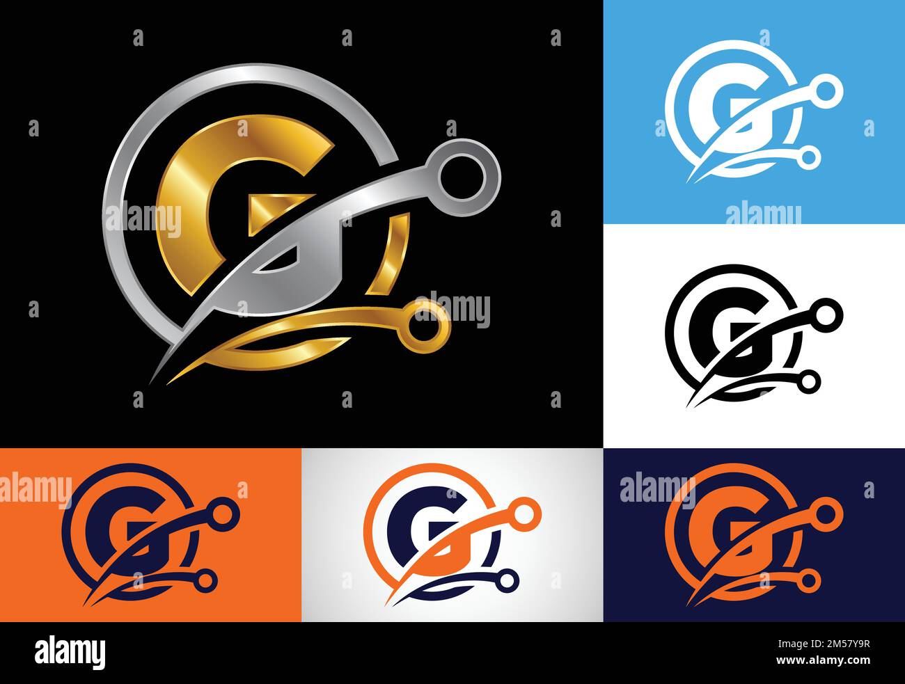 Initial G monogram alphabet in a circle with a technology sign symbol ...