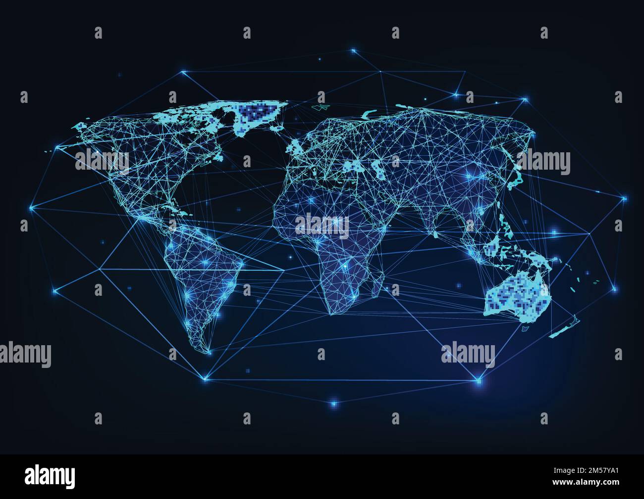 World map mesh with continents outline made of lines, dots, stars, triangles and surrounded by ...