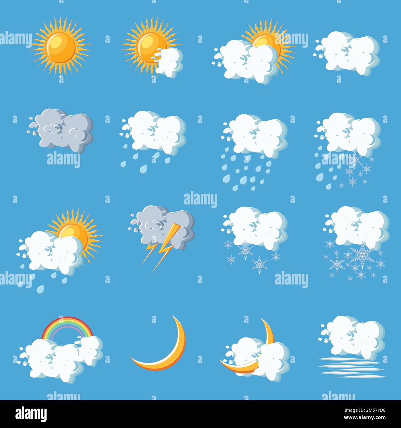 Weather icons in cartoon style on blue background. Flat vector ...